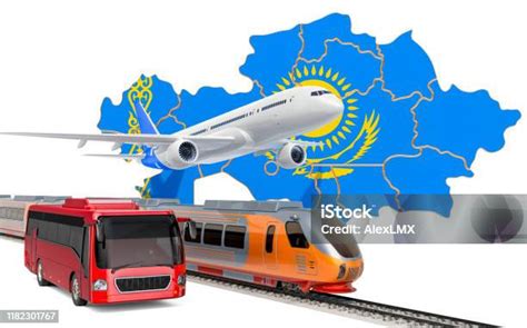 버스 기차와 비행기 개념에 의해 카자흐스탄 여객 수송 흰색 배경에서 격리된 3d 렌더링 3차원 형태에 대한 스톡 사진 및 기타 이미지 Istock