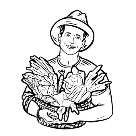 Agriculteur Tenant Un Panier De Légumes Dans Ses Mains Croquis Dessiné