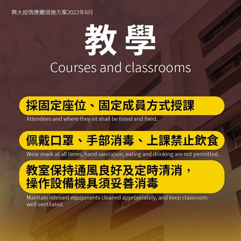 國立中興大學 National Chung Hsing University 【興大疫情應變措施 8月份】 教學 負責單位：教務處