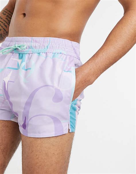 Asos Design Swim Shorts In Lilac With Slogan Super Short Length Asos