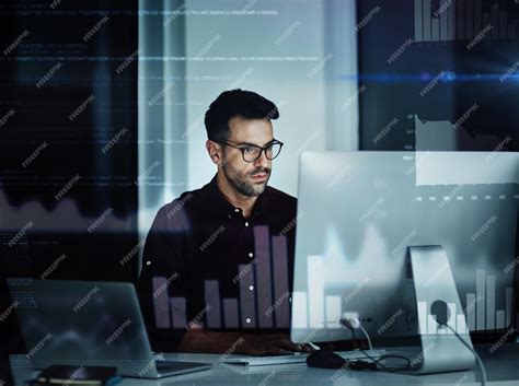 Premium Photo Information Technology Computer Hologram And Man At Night For Stock Market