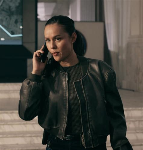 Charcoal Faux Leather Cropped Bomber Jacket Worn By Anna Enger Ritch As