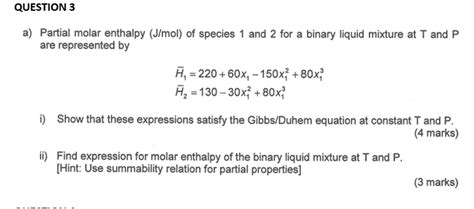 solved question 3 a partial molar enthalpy j mol of
