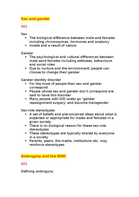 Gender Summary Notes Sex And Gender A Sex The Biological Difference