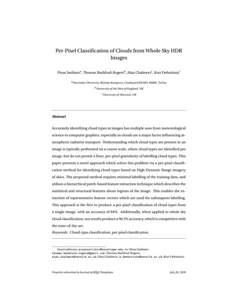 Pdf Per Pixel Classification Of Clouds From Whole Sky Hdr Images