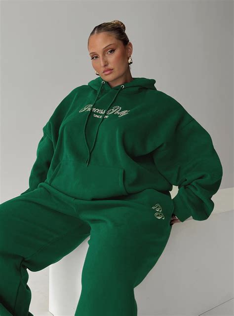Princess Polly Hooded Sweatshirt Script Green Ivory Curve Princess