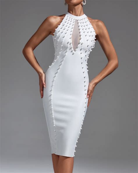 White Pearl Embellished Midi Bandage Dress Wolddress