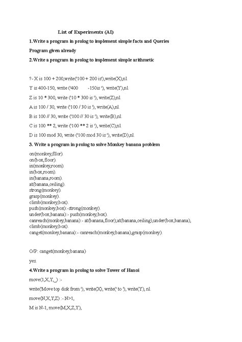 nlp lab manual list of experiments ai 1 a program in prolog to