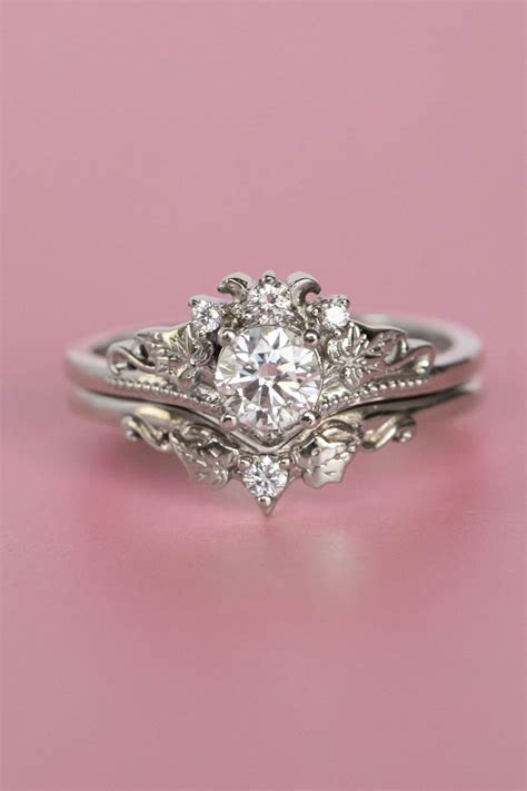 Lab Grown Diamonds Engagement Ring Set White Gold Leaves Bridal Ring