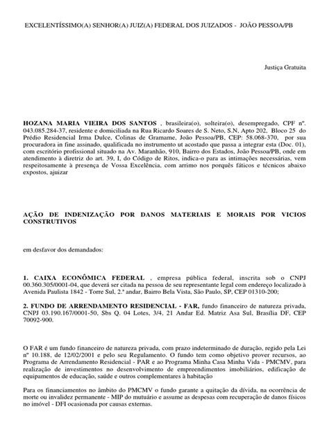 Acao De Indenizacao Por Danos Materiais E Morais Por Vicios