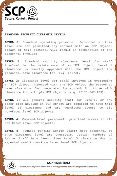 Scp Security Levels Poster Retro Metal Tin Sign Vintage