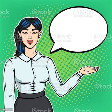 양복을 입은 아시아 사업가는 웃으며 빈 생각 구름을 가리키고 성공적인 비즈니스 레이디 팝 아트 복고풍 만화 스타일 벡터