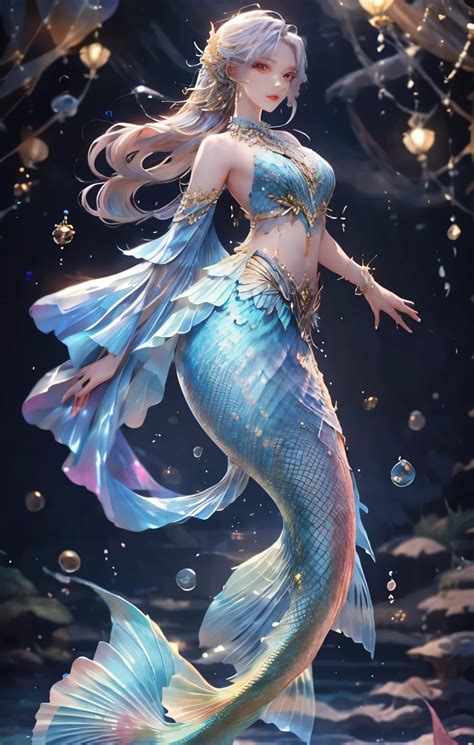 一條長髮和藍色連身裙的美人魚站在水中 Seaart Ai
