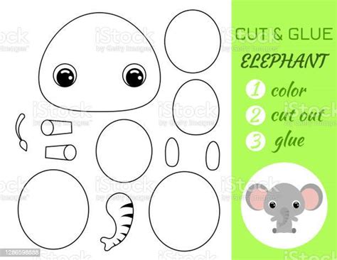 아이들을위한 간단한 교육 게임 색칠 페이지 컷과 접착제 앉아 아기 코끼리 유치원 어린이를위한 교육 종이 게임 종이에 색상 절단 부품 및 접착제 벡터 스톡 일러스트레이션입니다