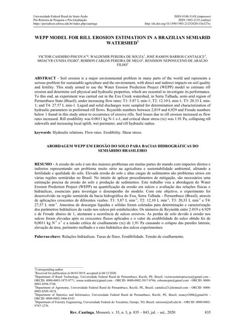 Pdf Wepp Model For Rill Erosion Estimation In A Brazilian Semiarid Watershed