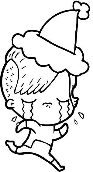산타 모자를 쓰고 우주 옷을 입고 우는 소녀의 손으로 그린 선 그림 낙서 드로잉에 대한 스톡 벡터 아트 및 기타 이미지 낙서