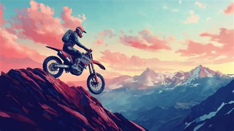 Motorcycle Rider On Mountain Peak Vibrant Sunset Sky Majestic