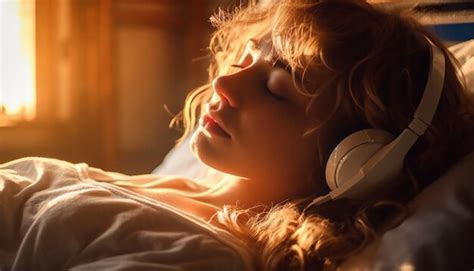Premium Ai Image Pretty Cute Girl Sleeping On Bed With Headphones
