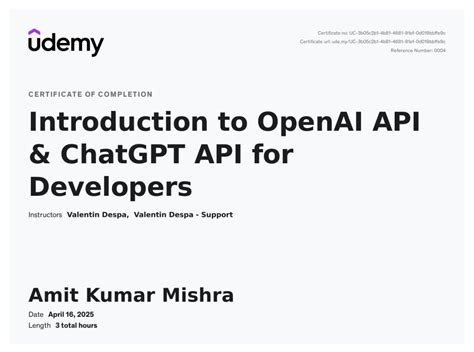 My Course Completion Certificate For Introduction To Openai Api And Chatgpt Api For Developers