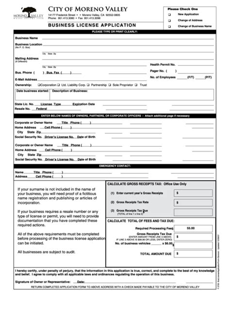 Business License Application Form City Of Moreno Valley Printable Pdf