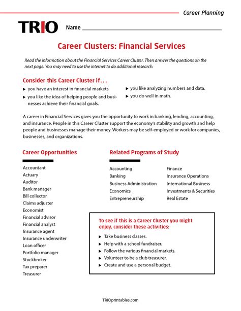 Career Clusters Financial Services Activity Sheet Trio Printables