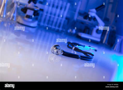 Stethoscope Microscope Laboratory Background Lab Glassware Blue Background Place For