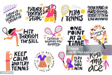 테니스 따옴표 긍정적 인 크레도 손으로 그린 글자 세트 스포츠 시설을 갖춘 남성과 여성 운동 선수는 타이포그래피 팩이있는 평면 일러스트레이션 크레도 비문 고립 낙서 도면