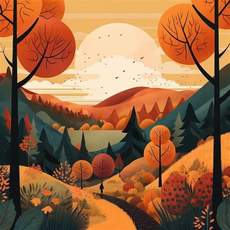 A Painting Of A Person Walking Through A Forest With Trees And Hills In