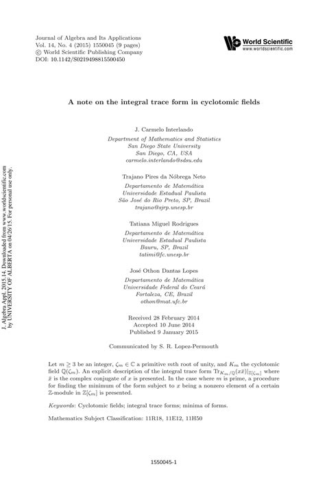 Solution A Note On The Integral Trace Form In Cyclotomic Fields