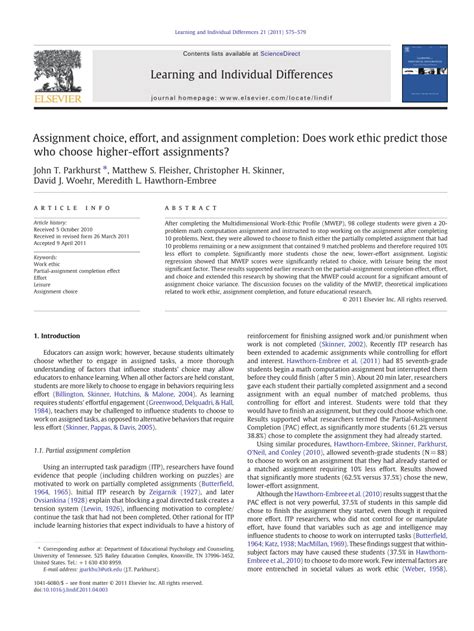 Pdf Assignment Choice Effort And Assignment Completion Does Work