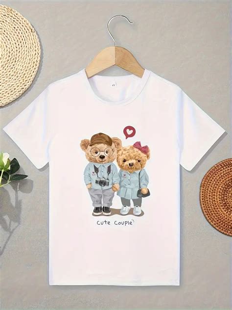 Adorable Bear Couple Print Short Sleeve T Shirt Girls Comfy Temu New