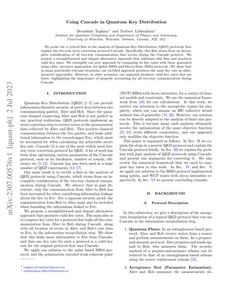 Pdf Using Cascade In Quantum Key Distribution