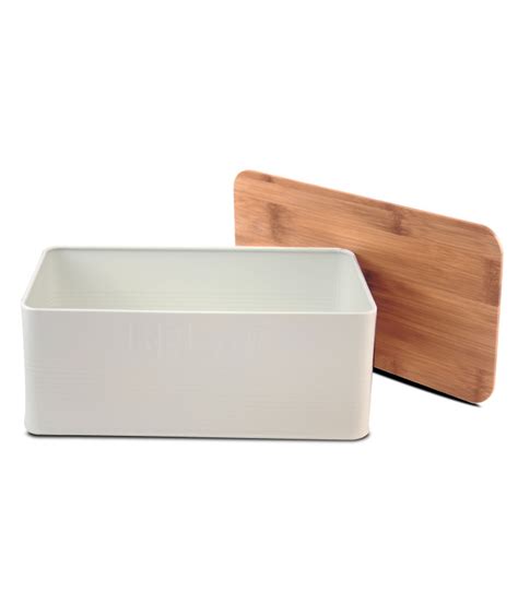 Boîte à pain en métal blanc et couvercle bambou