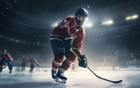 Premium Photo Athletic Hockey Player On The Ice Hockey Arena With A