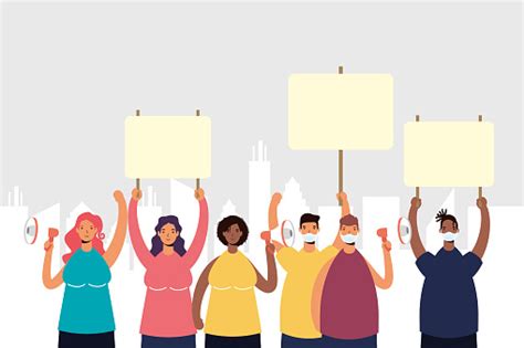현수막과 메가폰으로 항의하는 의료용 마스크를 착용한 사람 Revolution에 대한 스톡 벡터 아트 및 기타 이미지