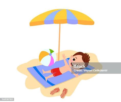 우산 아래 비치 타월에 아이 플랫 만화 벡터 일러스트 고립 가족에 대한 스톡 벡터 아트 및 기타 이미지 가족 귀여운 남자