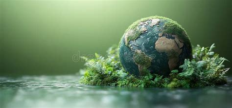 Moss Covered Earth Globe Surrounded By Lush Green Plants Symbolizing Ecology And Sustainability