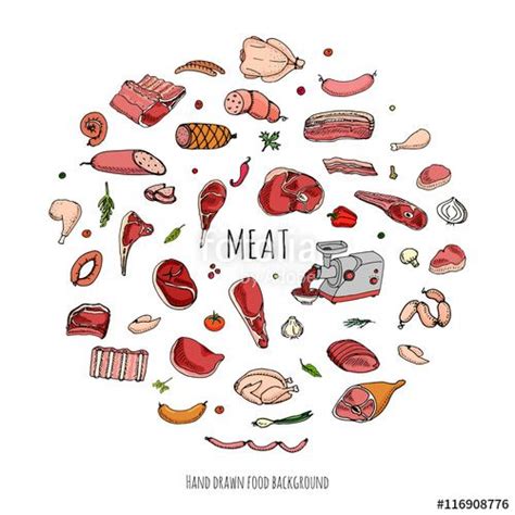 Vector Hand Drawn Doodle Set Of Cartoon Different Kind Of Meat And