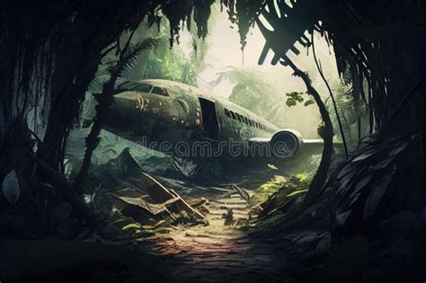 Treacherous And Overgrown Jungle Path Leading To Plane Wreck Stock