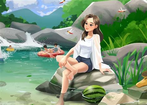 계곡 여름 Valley Summer Illustration Vacation Landscape 귀여운 만화 소녀
