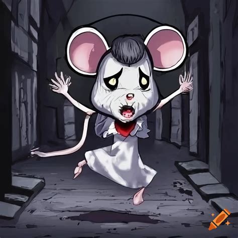 Anthropomorphic Vampire Mouse Girl In Rags Running Through An Alleyway