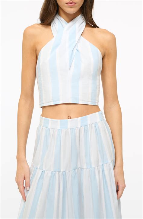 Staud Kai Smocked Crop Halter Top Adriatic Stripe Editorialist