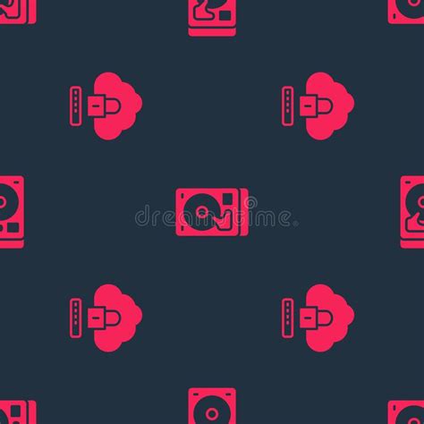 Set Cloud Computing Lock And Hard Disk Drive HDD On Seamless Pattern Vector Stock Illustration