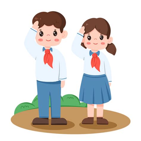 一男一女少先队员带着红领巾敬礼