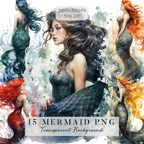 15 Mermaid Clipart With Transparent Background PNG Watercolor Mermaid