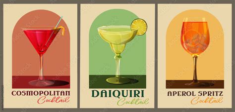 Cocktails Retro Posters Set Vintage Flyers With Refreshing Alcoholic