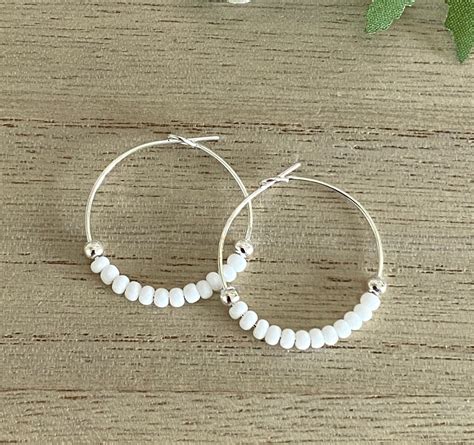 White Czech Glass Bead Silver Hoop Earrings White Glass Earrings