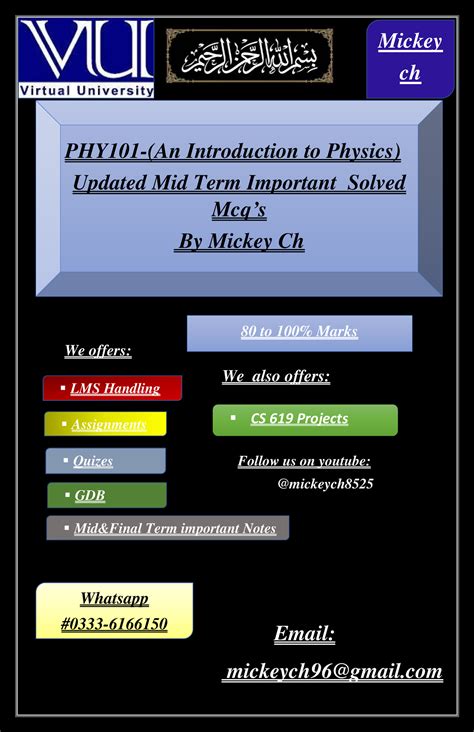 PHY101 Updated Mid Term Solved Mcqs By Mickey Ch PHY101 An Introduction To Physics Updated