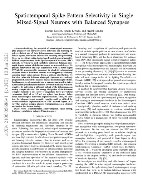 Pdf Spatiotemporal Spike Pattern Selectivity In Single Mixed Signal Neurons With Balanced Synapses