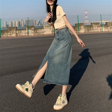 牛仔半身裙女夏季高腰包臀裙2023新款复古直筒宽松a字中长款半裙虎窝淘